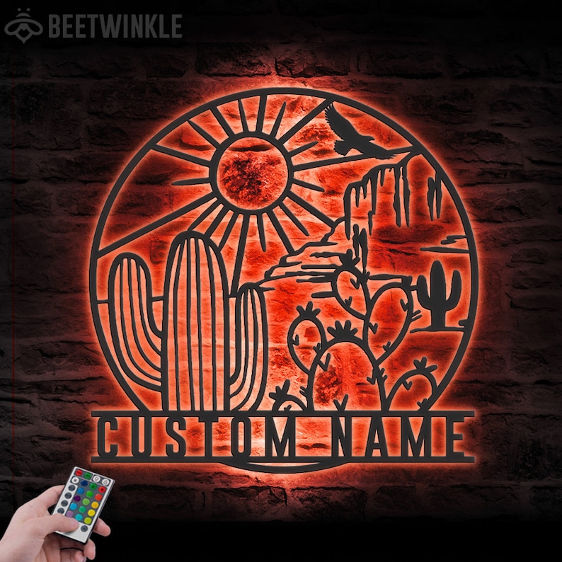 Custom Cactus Desert Mountain Metal Wall Art LED Light - Etsy