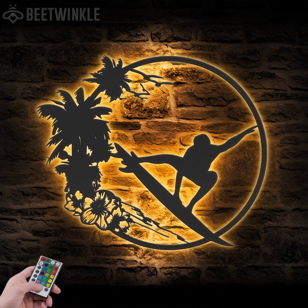 Wave Surfing Metal Wall Art LED Light Surfer Riding Wave Sign Home ...