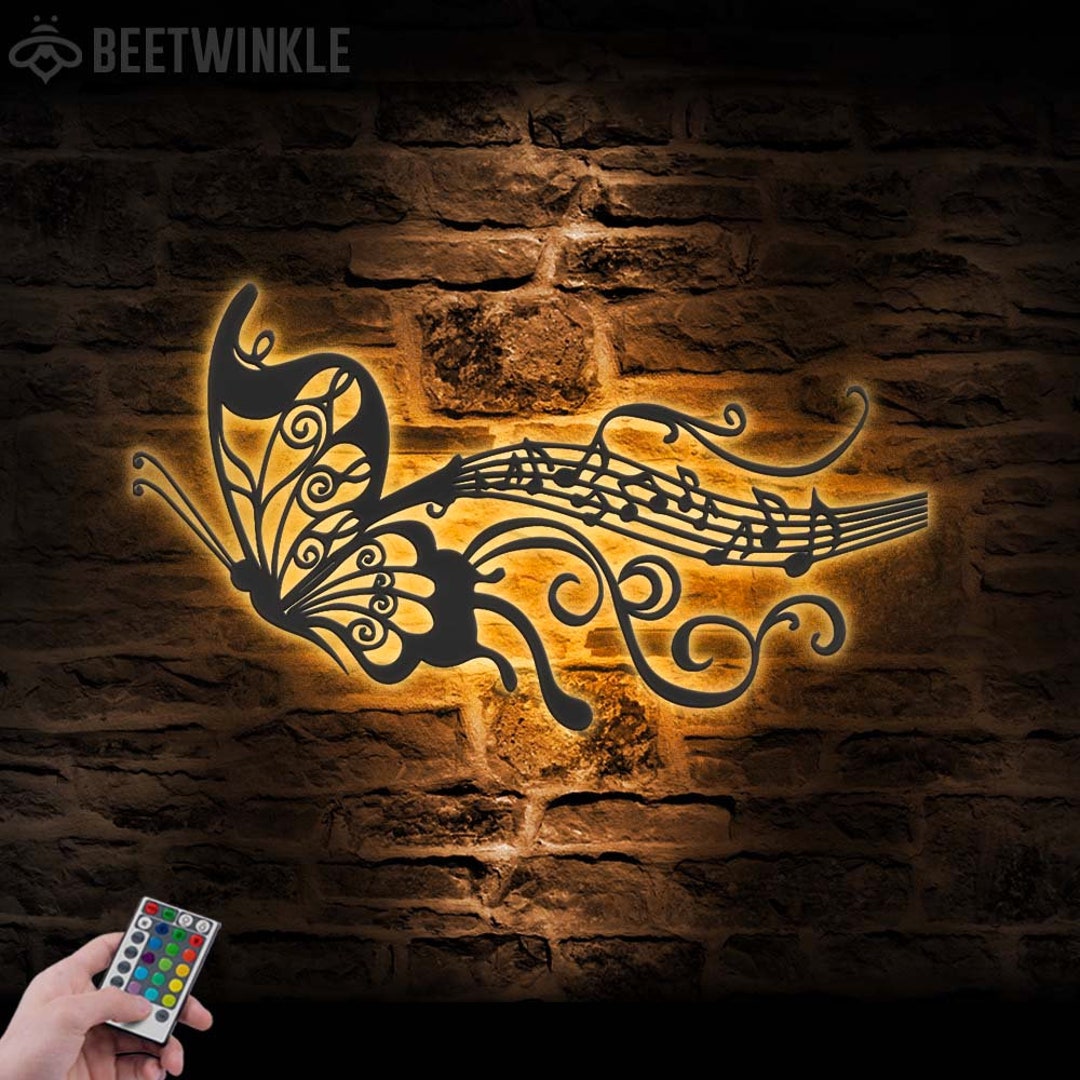 Music Notes Monarch Butterfly Metal Wall Art LED Light Butterfly Music ...