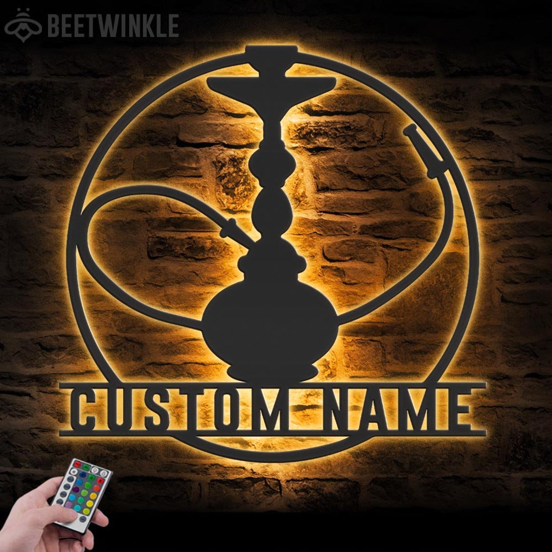 Custom Shisha Hookah Metal Wall Art LED Light Personalized Smoke Shop ...