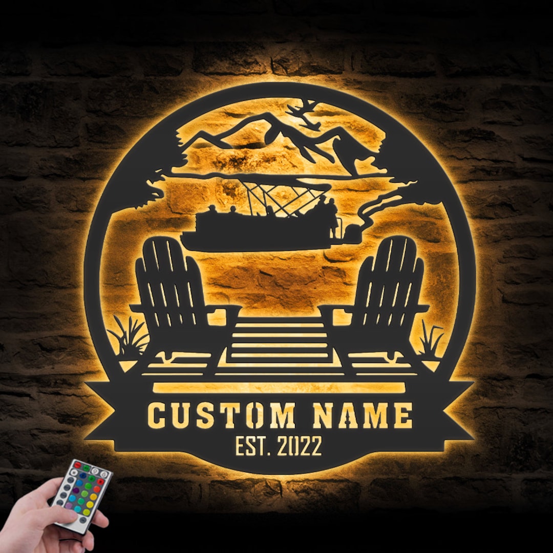 Custom Lake House Metal Wall Art LED Light Personalized Lake Mountain ...