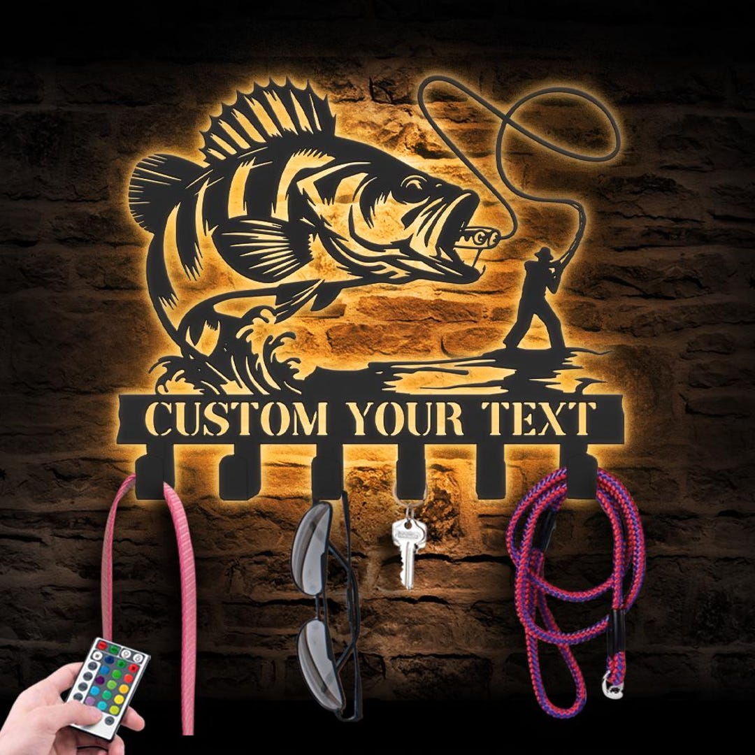 Custom Perch Fishing Key Holder Metal Wall Art LED Light Personalized ...