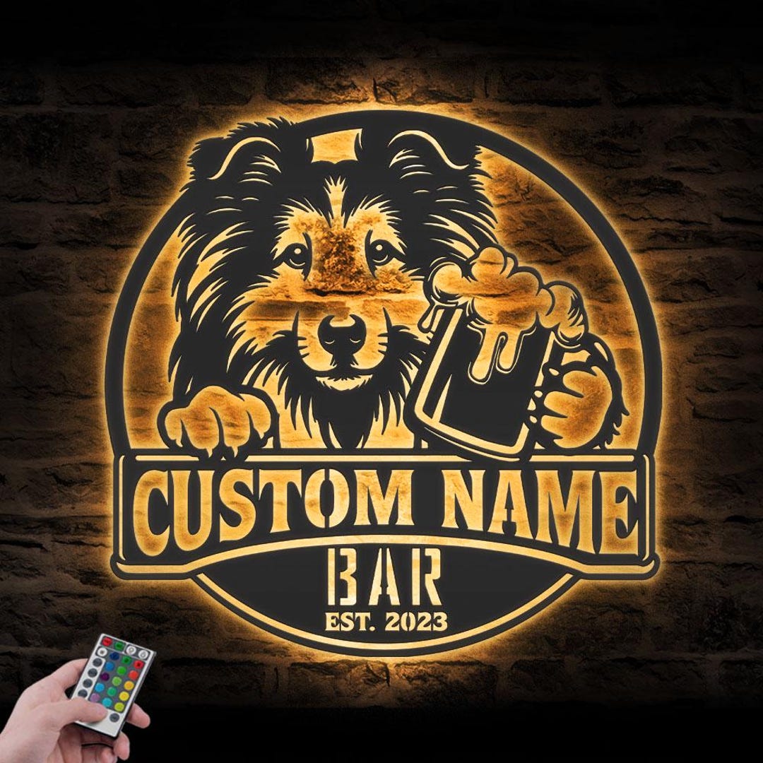 Custom Shetland Sheepdog Thirsty Beer Pub Metal Wall Art LED Light ...