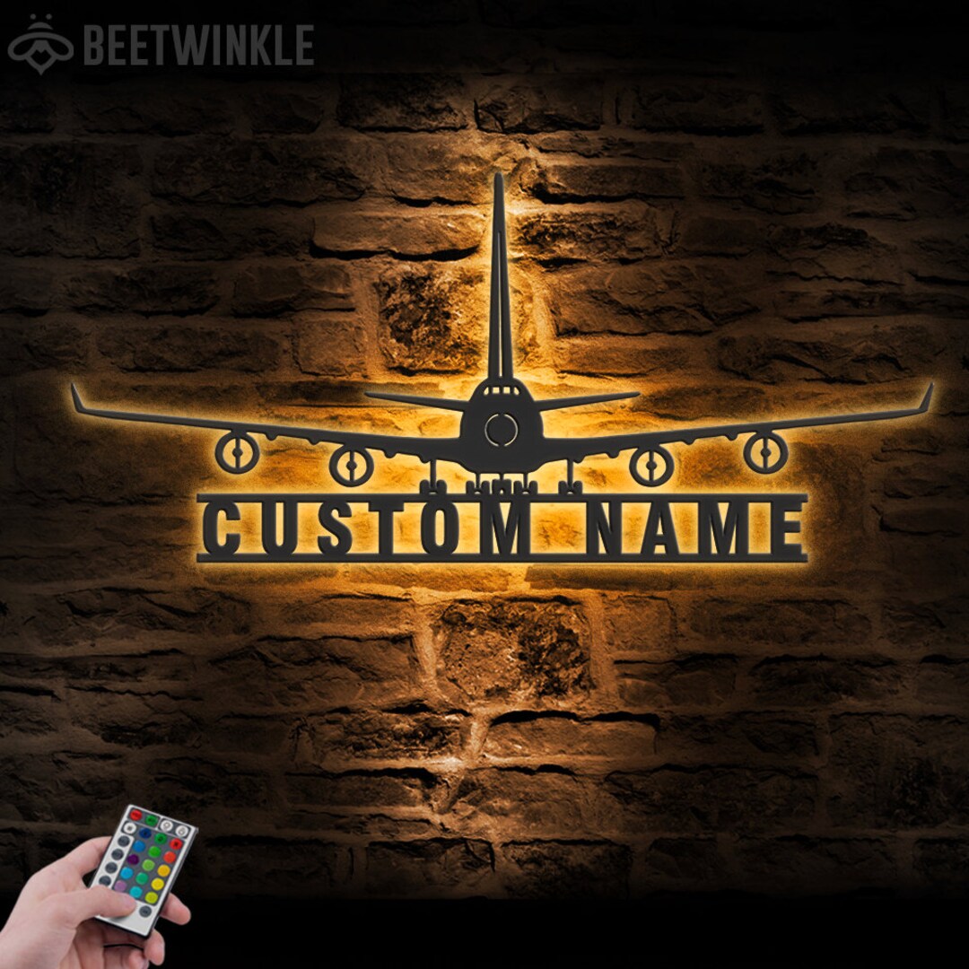 Custom Airplane Metal Wall Art LED Light Personalized Pilot Name Sign ...