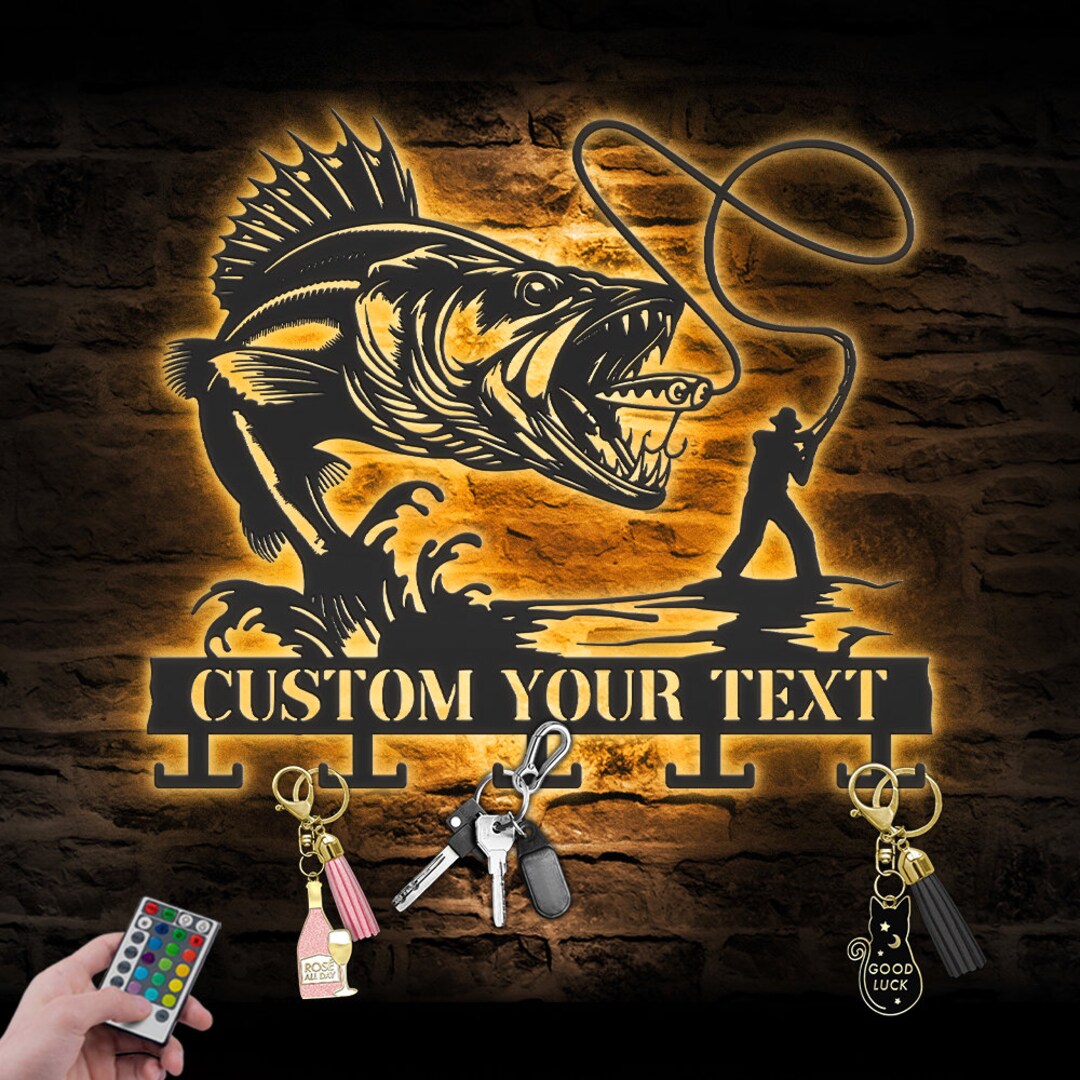 Custom Walleye Fishing Key Holder Metal Wall Art LED Light Personalized ...