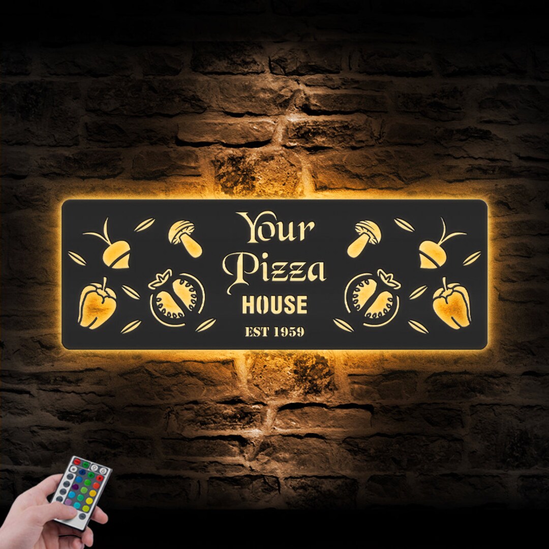 Custom Pizzeria Restaurant Metal Wall Art LED Light Personalized Pizza ...