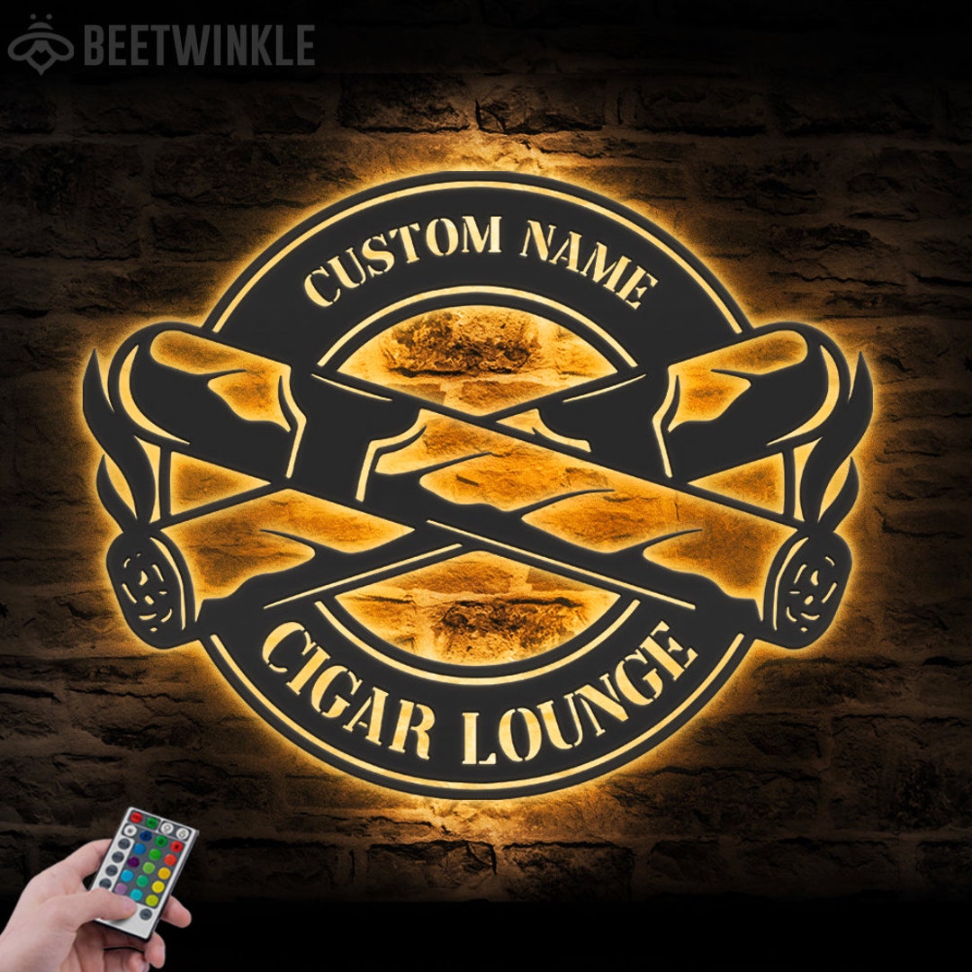 Custom Cigar Lounge Metal Wall Art LED Light Personalized Smoking Cigar ...