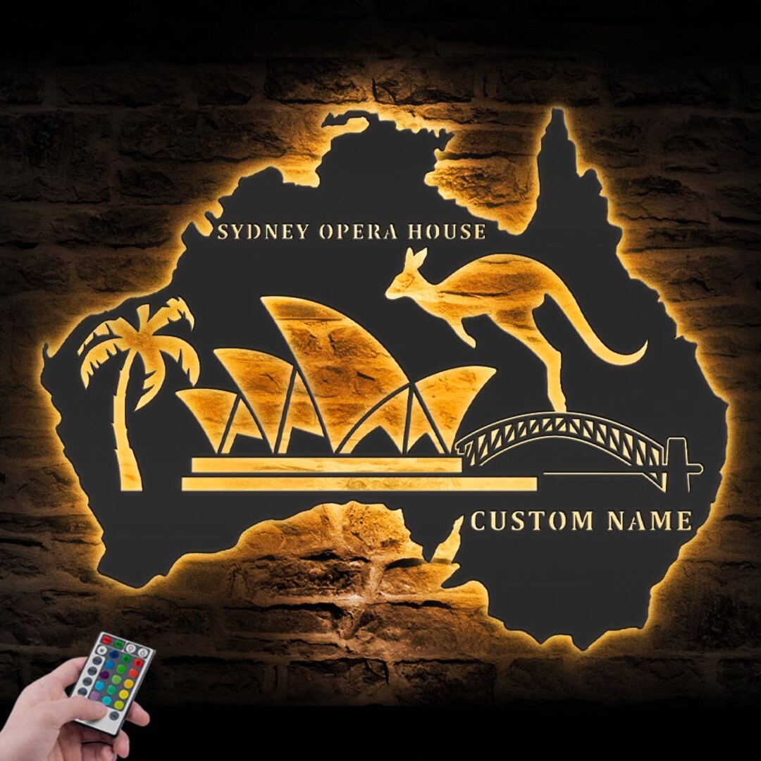 Custom Kangaroo Australia Map Metal Wall Art LED Light Personalized ...