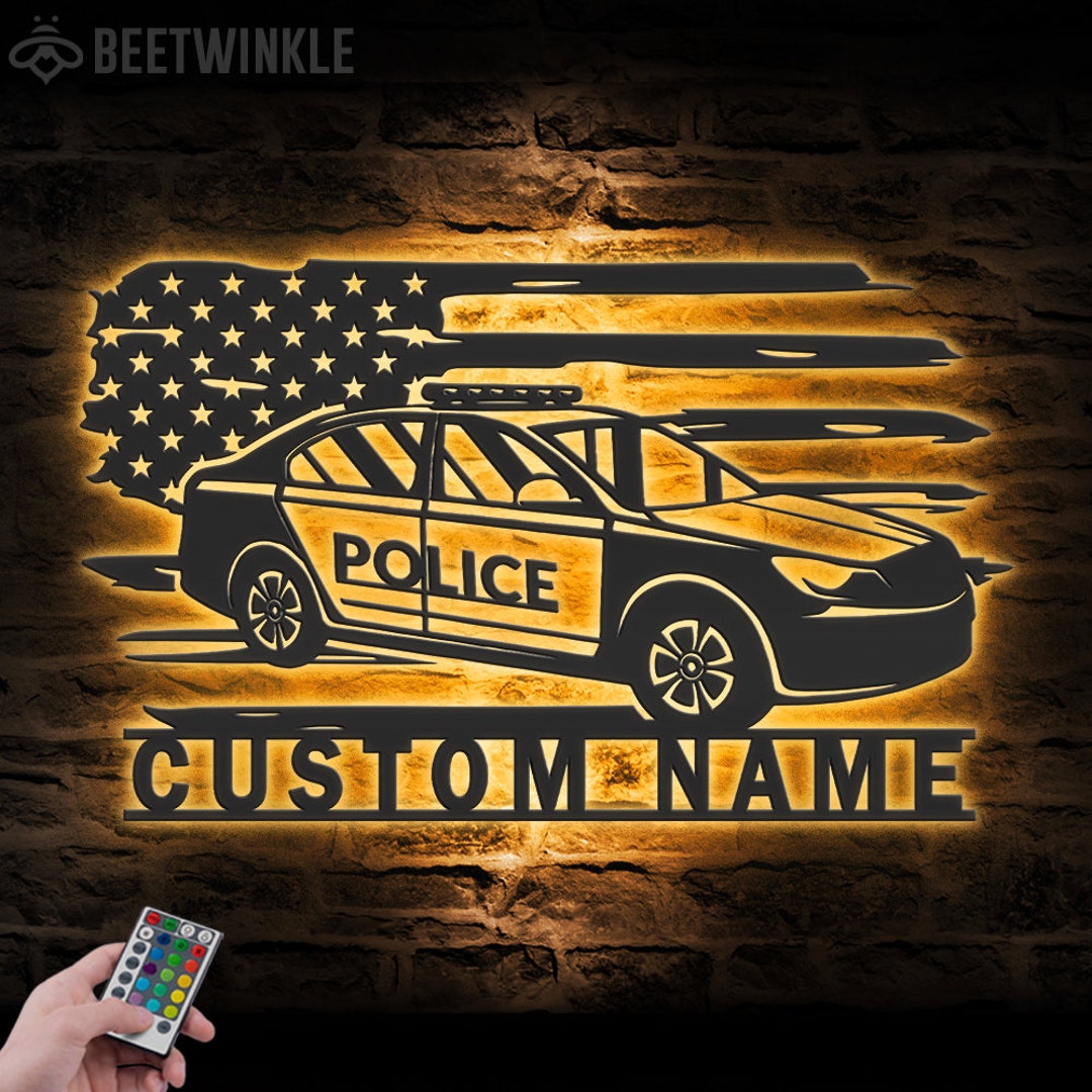 Custom US Police Car Driver Metal Wall Art LED Light Personalized ...