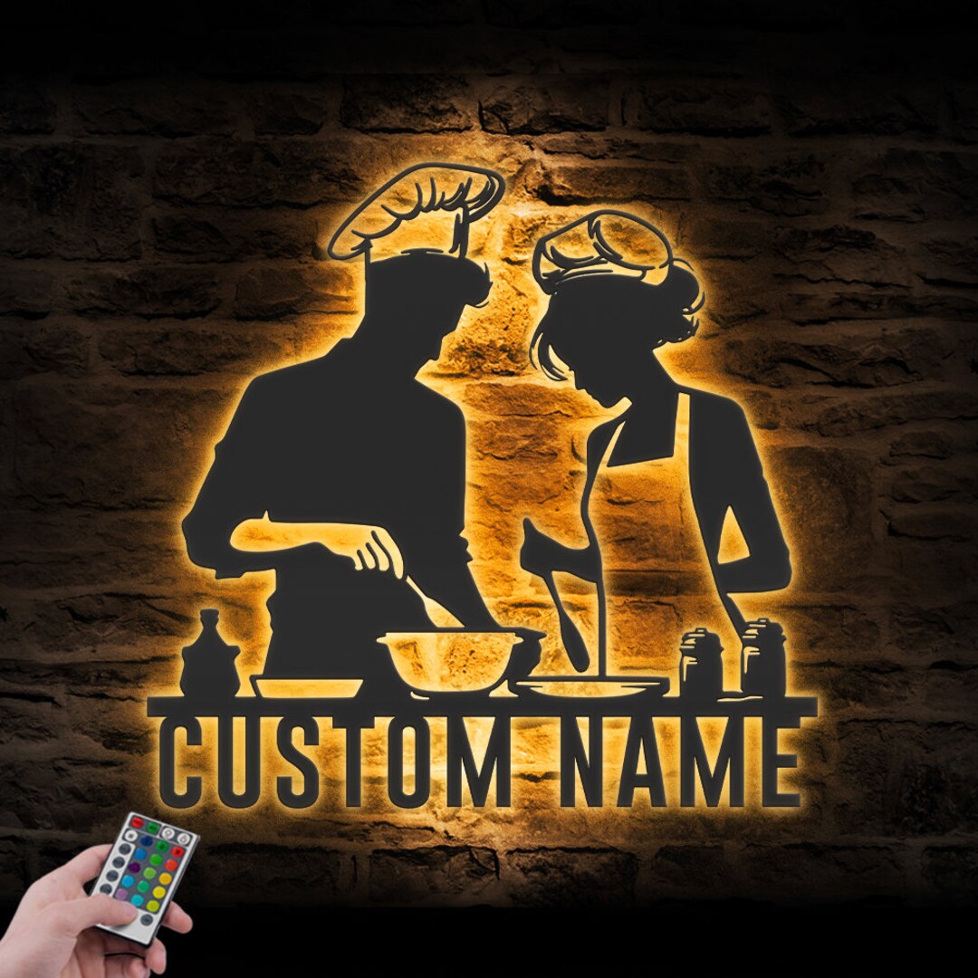 Custom Couple Chef Metal Wall Art LED Light Personalized Family Cooking ...