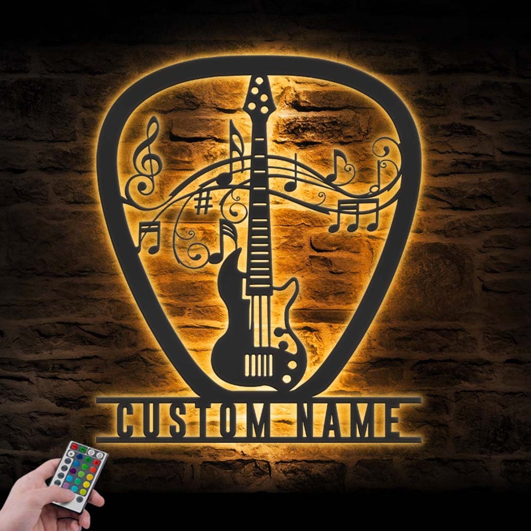Custom Guitar Pick Metal Wall Art LED Light Personalized Guitar Player ...