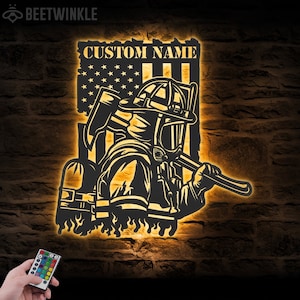 Custom Firefighter US Flag Metal Wall Art LED Light Personalized USA ...