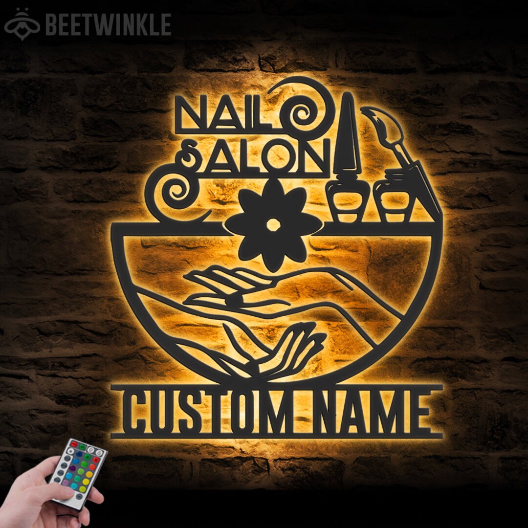 Custom Nail Tech Metal Wall Art LED Light Personalized Nail Salon Name ...