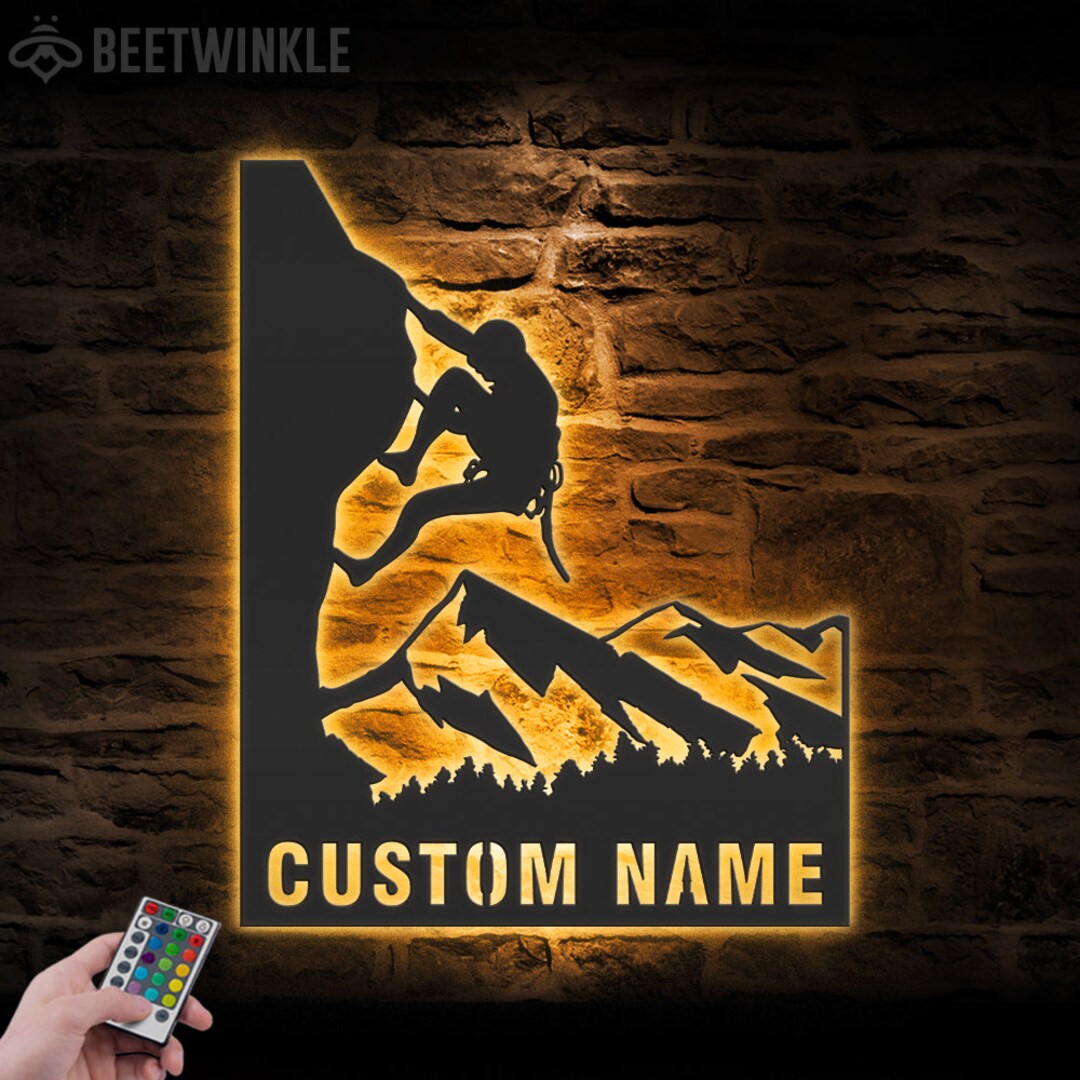 Custom Rock Climbing Metal Wall Art LED Light Personalized Rock Climber ...
