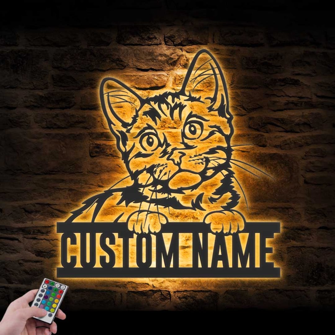 Custom Peeking Munchkin Cat Metal Wall Art LED Light Personalized Funny ...