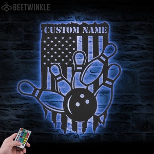 Custom US Bowling Metal Wall Art With LED Light Personalized Bowling ...