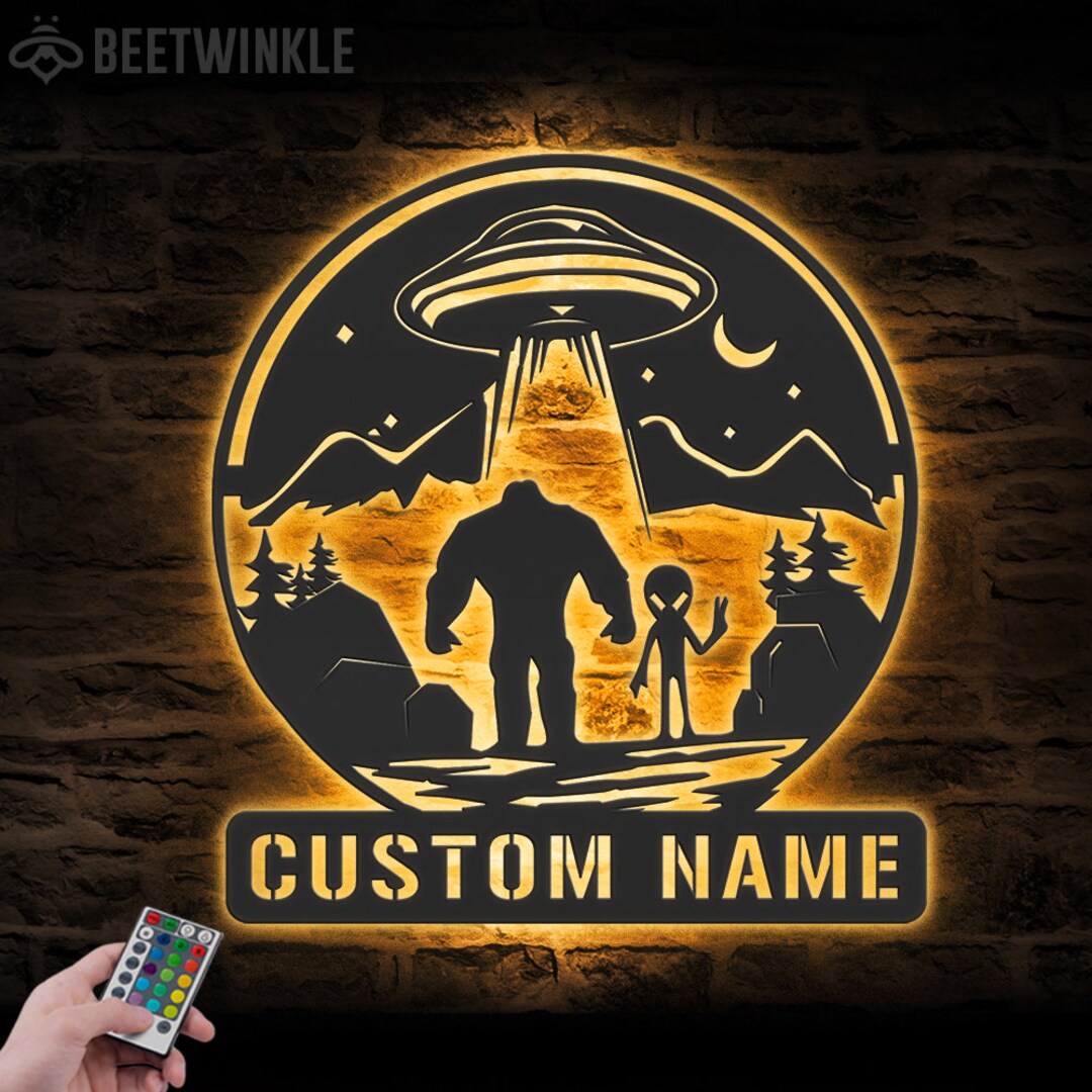 Custom Bigfoot Ailen Ufo Metal Wall Art Led Light Personalized Sasquatch Name Sign Home Decor