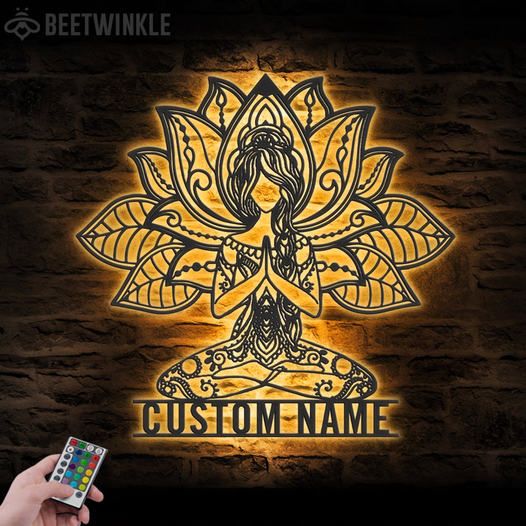 Custom Mandala Yoga Girl Metal Wall Art With LED Light Personalized ...