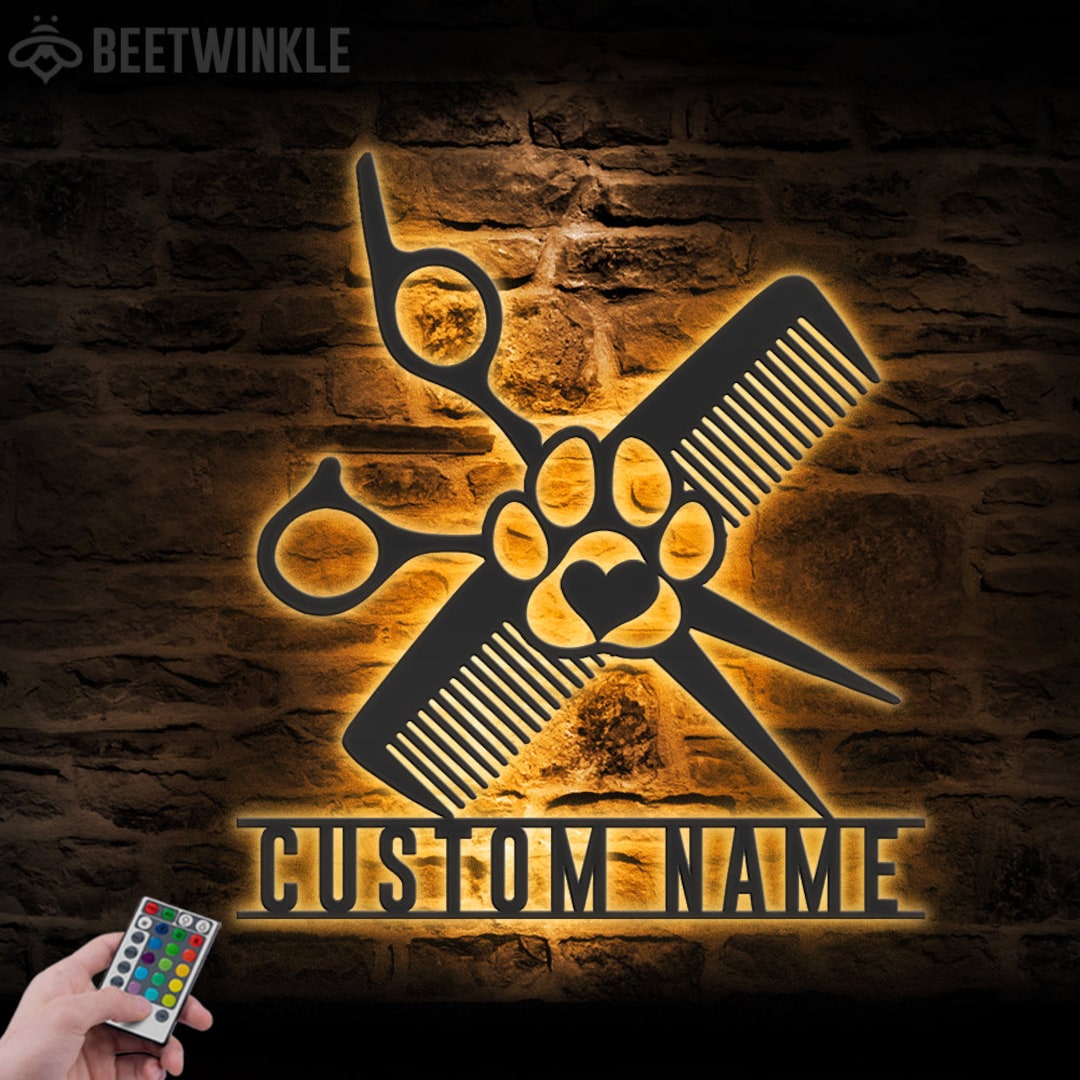 Custom Dog Grooming Hair Salon Metal Wall Art LED Light Personalized ...
