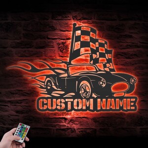 Custom Racing Flag Sprint Car Metal Wall Art LED Lights Personalized ...