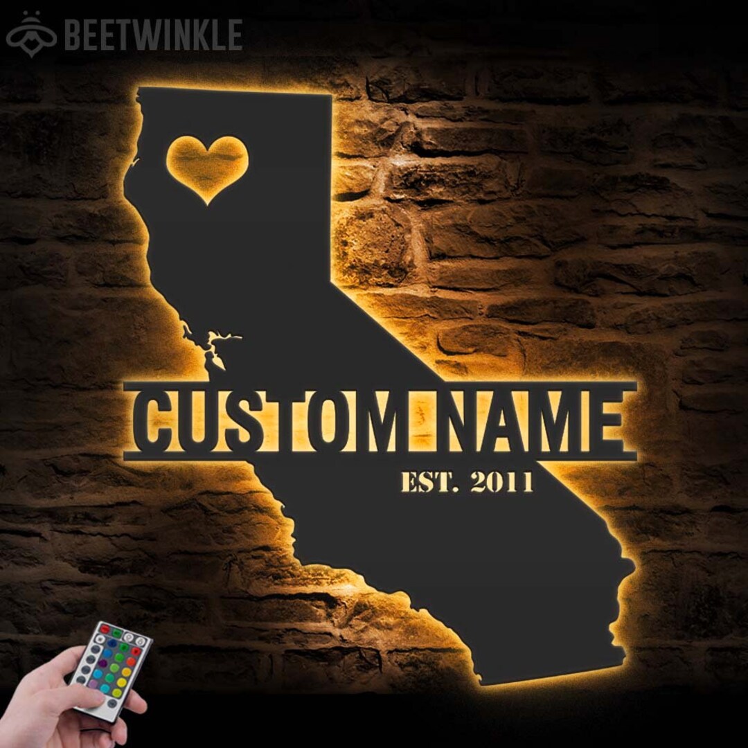 Custom California Map Metal Wall Art LED Light Personalized California ...