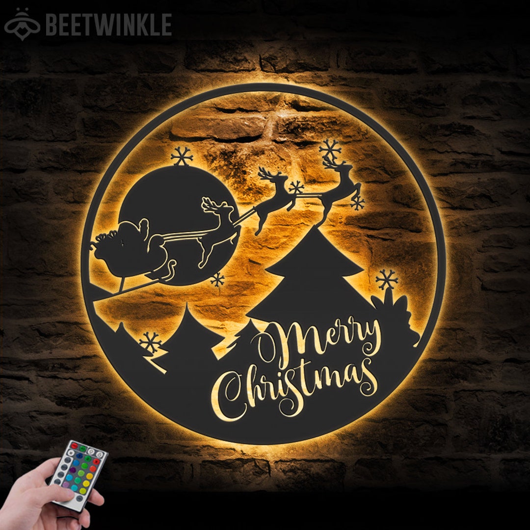 Santa Claus Metal Wall Art LED Light Santa's Sleigh Sign Home Decor ...