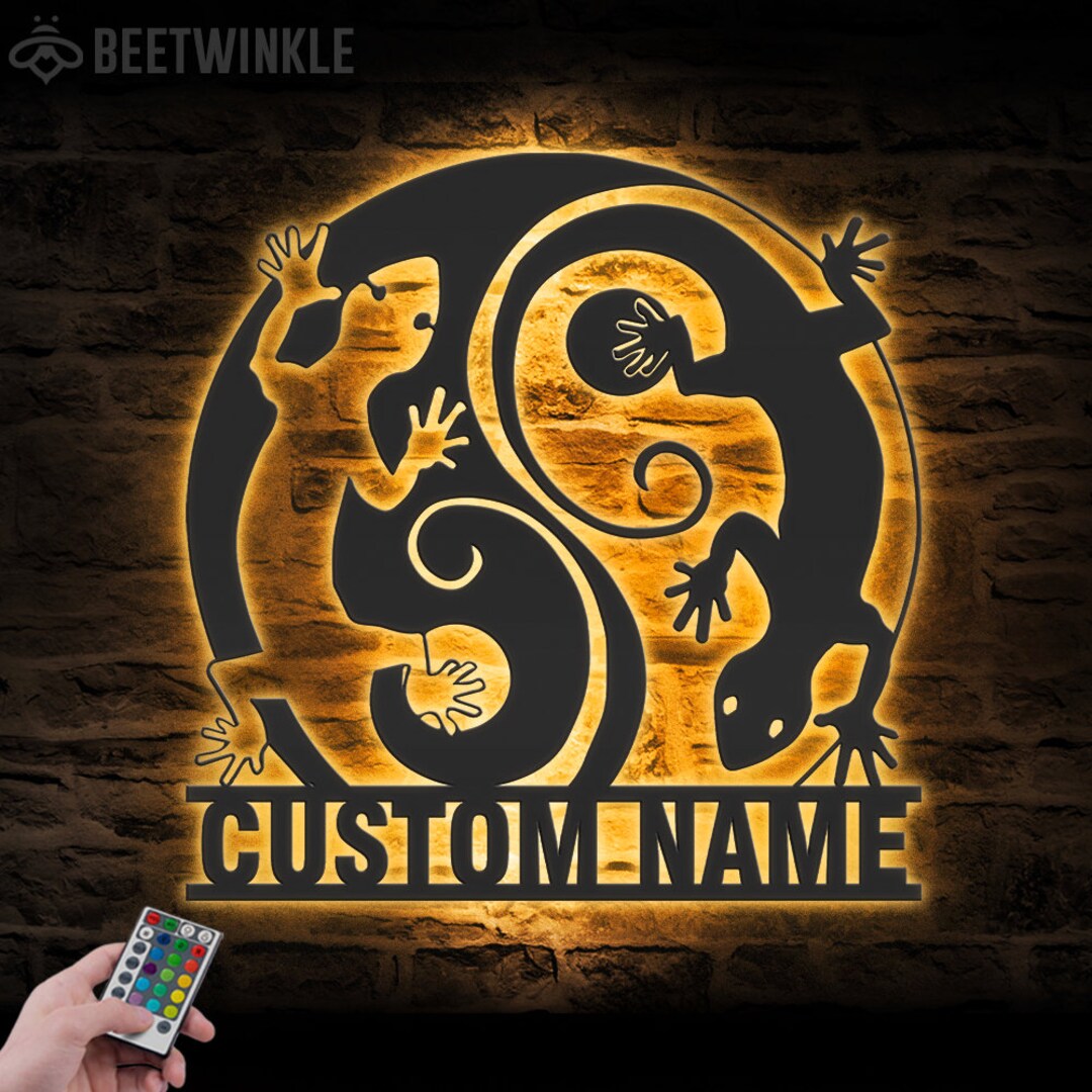 Custom Yin Yang Gecko Metal Wall Art LED Light Personalized Lizard ...