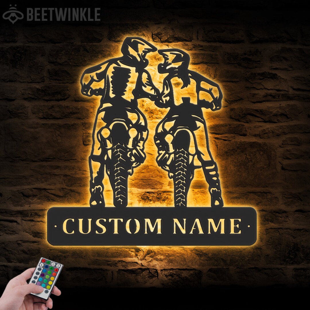 Custom Motocross Biker Couple Kiss Metal Wall Art LED Light ...