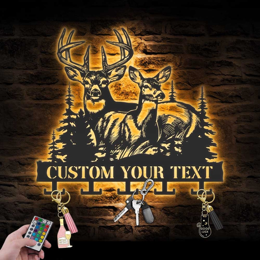 Custom Big Buck Whitetail Deer Hunting Key Holder Metal Wall Art LED ...
