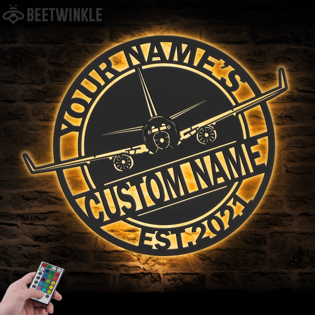 Custom Airplane Metal Wall Art LED Light Personalized Pilot Name Sign ...