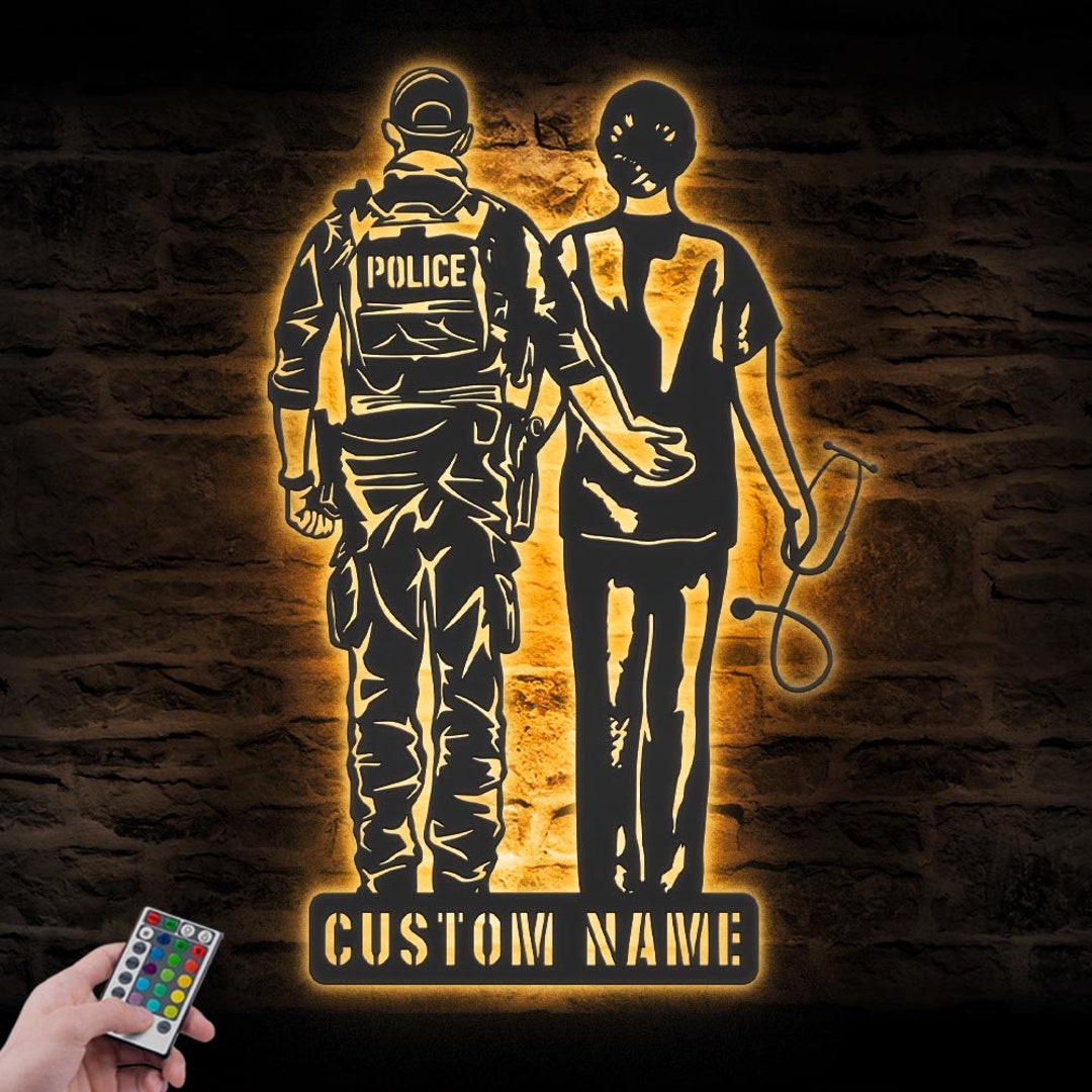 Custom Couple Doctor Police Metal Wall Art LED Light Personalized ...