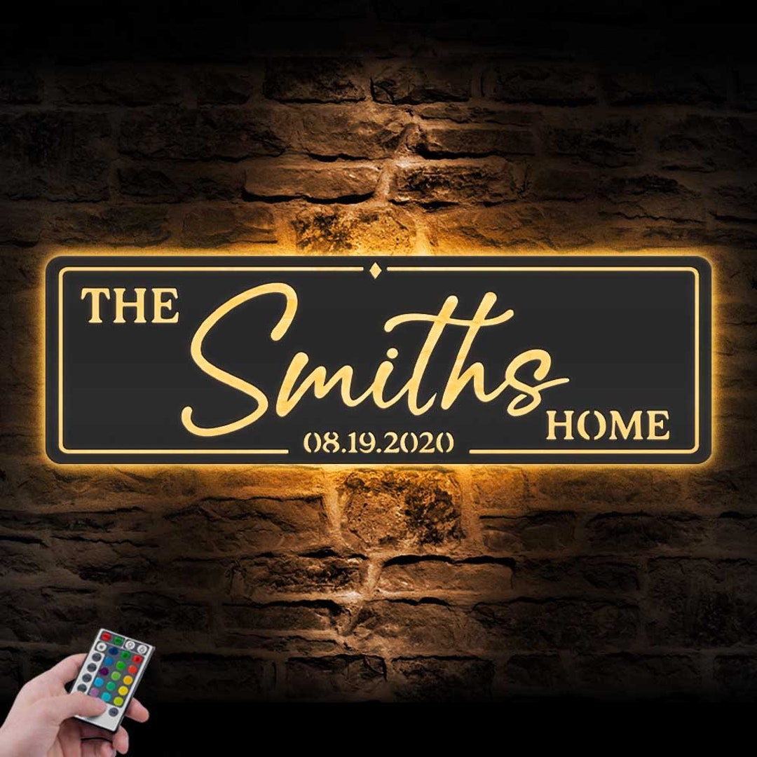 Custom Family Metal Wall Art LED Light Personalized Last Name Sign Home ...