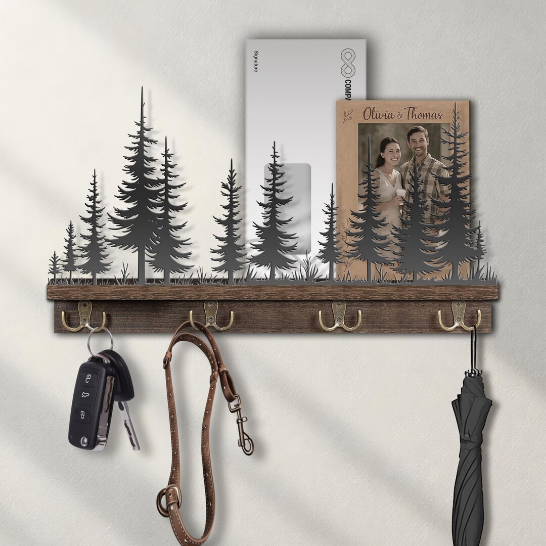 Nature Wispy Pine Tree Metal Wooden Key Holder Shelf Cedar Tree Wall ...