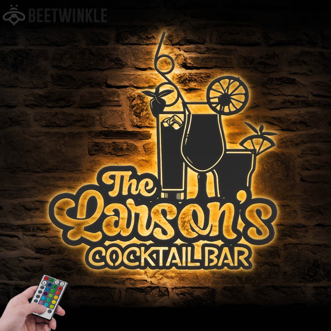 Custom Cocktail Bar Metal Wall Art LED Light Personalized Alcoholic ...