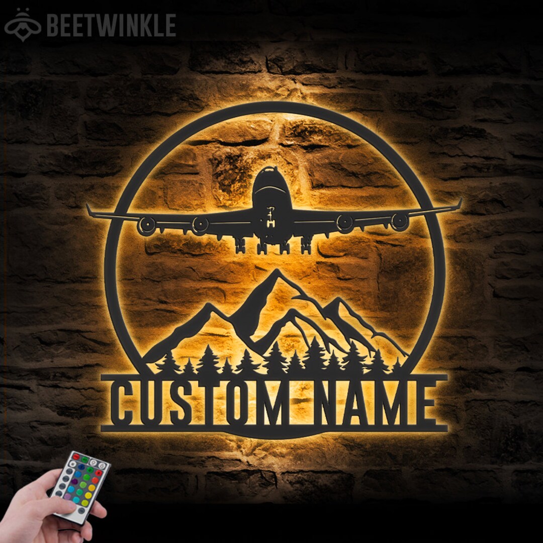 Custom Airplane Metal Wall Art LED Light Personalized Pilot Name Sign ...