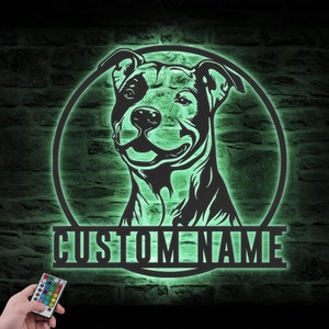 Custom Pitbull Metal Wall Art LED Light Personalized Dog Lover Name ...