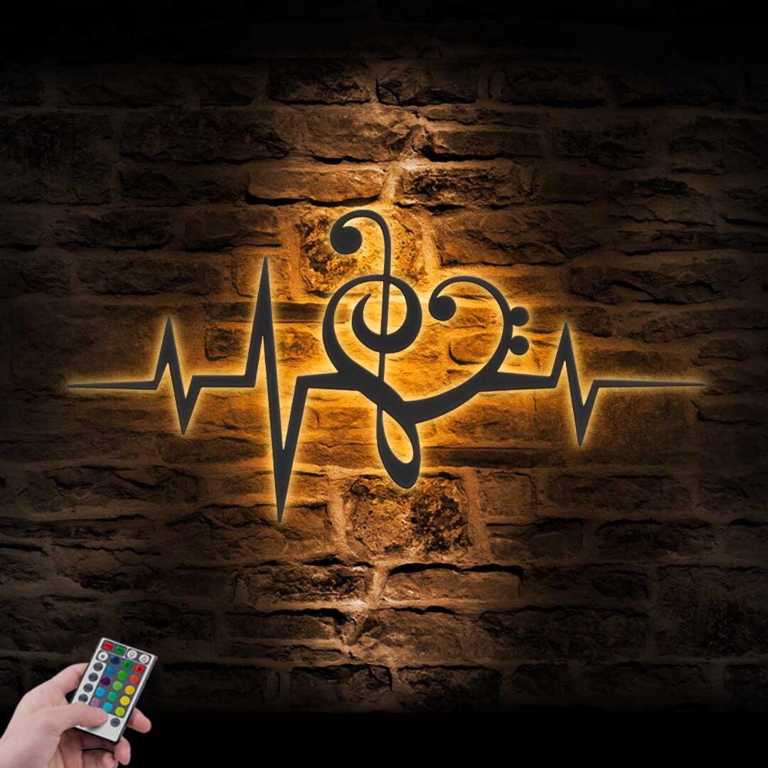 Heartbeat Pulse Music Notes Heart Metal Wall Art LED Light Bass Clef ...