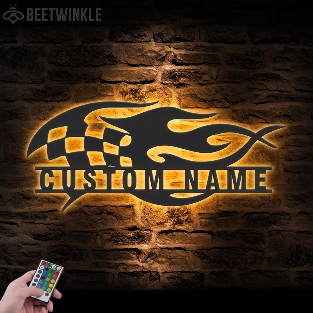 Custom Start Finish Racing Flag Metal Wall Art LED Light Personalized ...