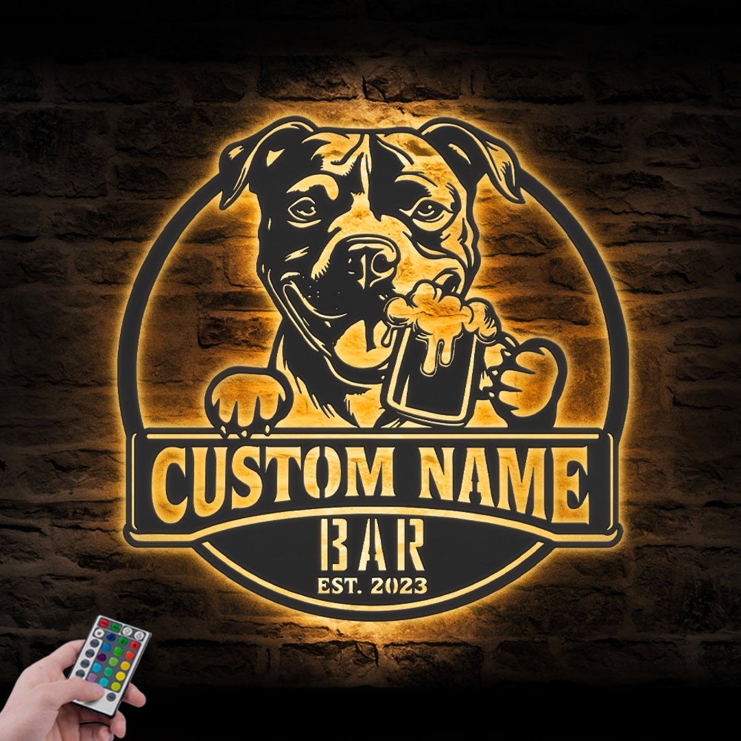Custom Pitbull Thirsty Beer Pub Metal Wall Art LED Light Personalized ...