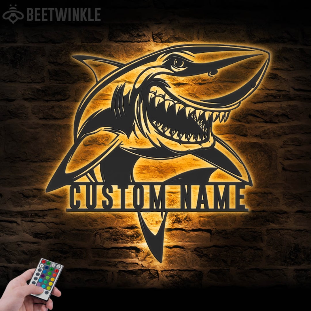 Custom Great White Shark Metal Wall Art LED Light Personalized Shark ...