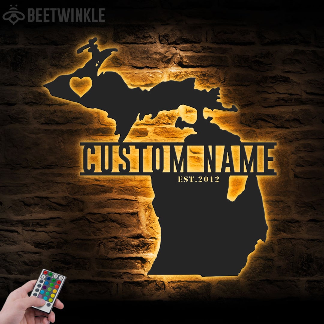 Custom Michigan Map Metal Wall Art LED Lights Personalized Michigan ...