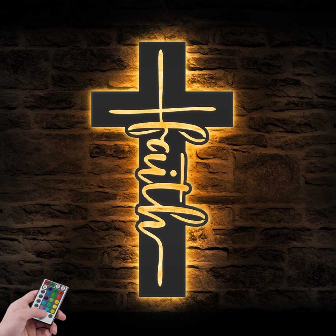 God Faith Cross Metal Wall Art LED Light Christ Sign Home Decor ...