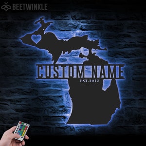 Custom Michigan Map Metal Wall Art LED Lights Personalized Michigan ...