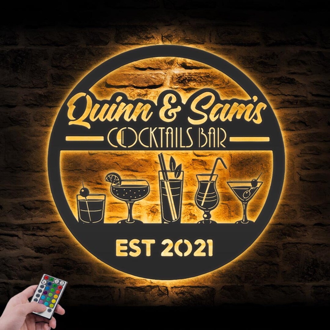 Custom Cocktail Lounge Metal Wall Art LED Light Personalized Alcoholic ...