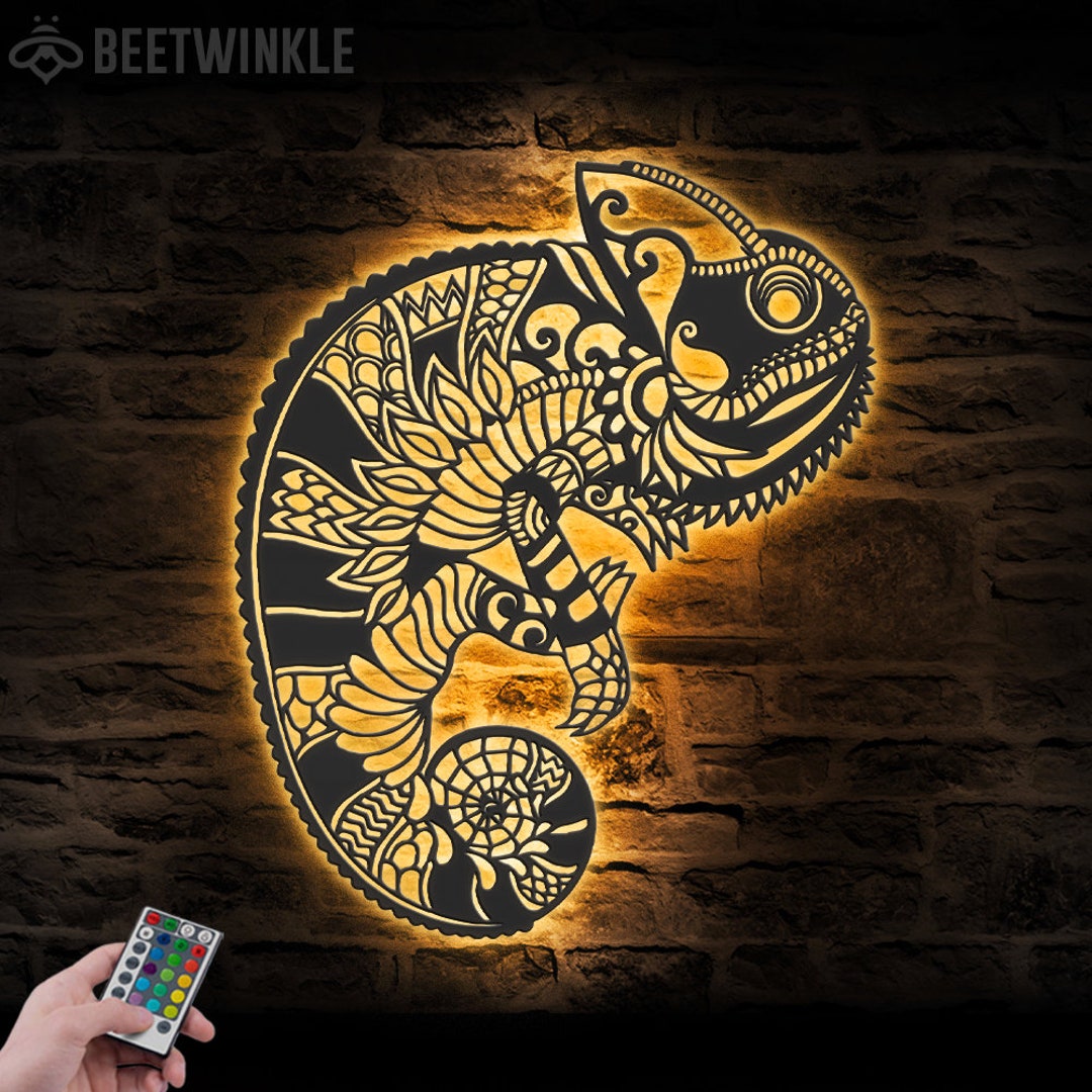 Zentangle Chameleon Metal Wall Art LED Light Chameleon Lover Sign Home ...