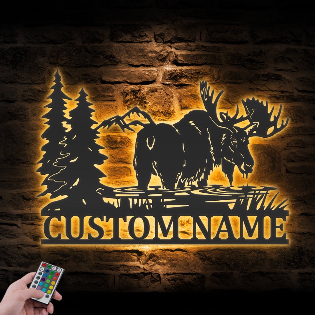Custom Moose Huting Metal Wall Art LED Light Personalized Mountain ...