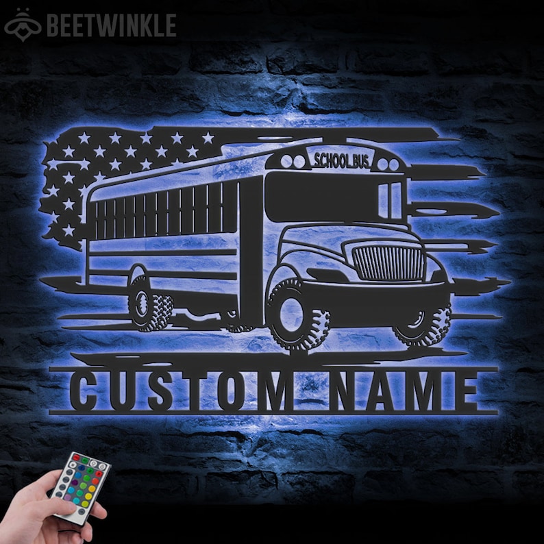 Custom US School Bus Metal Wall Art LED Light Personalized Bus Driver ...