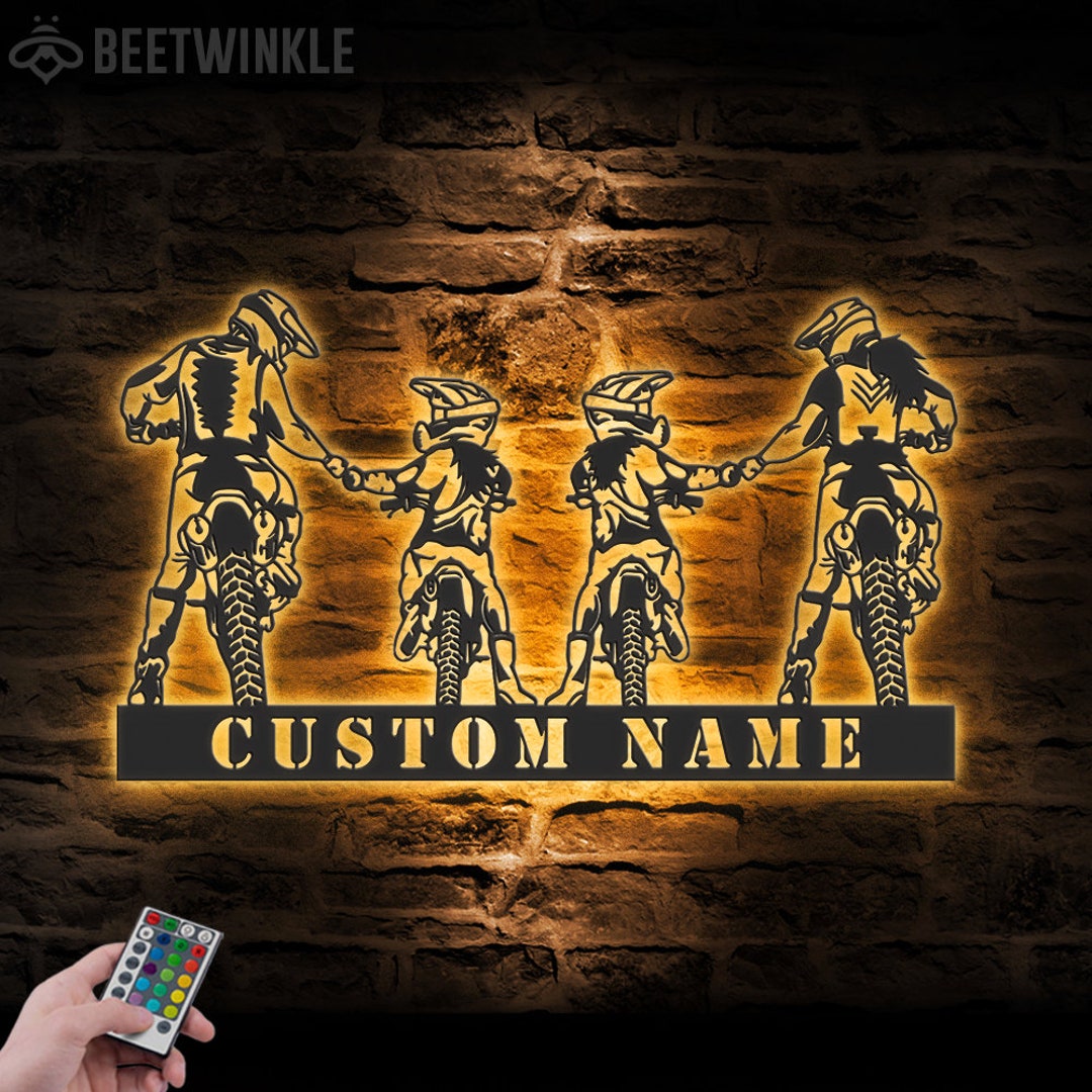 Custom Family Motocross Biker Metal Wall Art LED Light Personalized ...