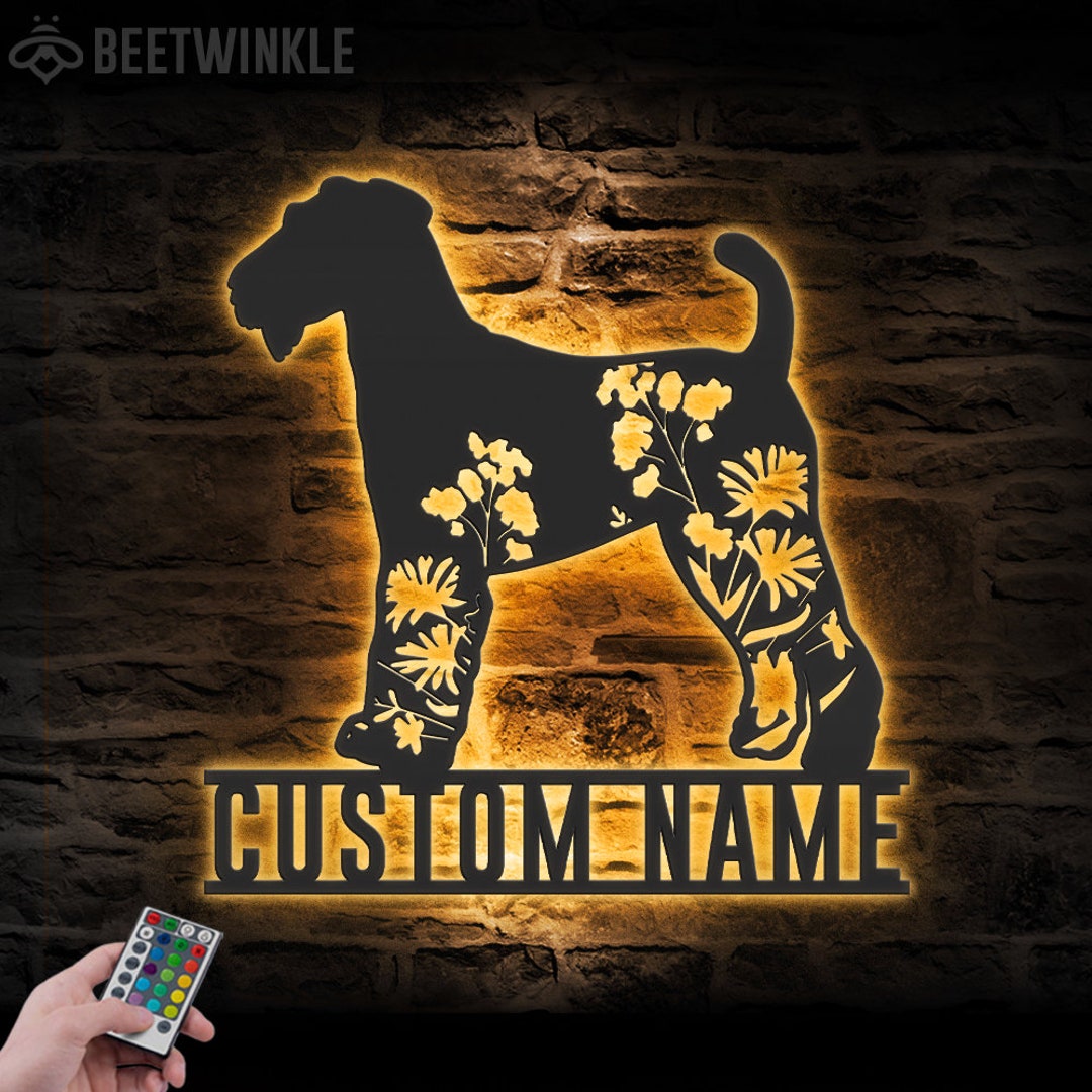 Custom Floral Airedale Terriers Metal Wall Art LED Light Personalized ...