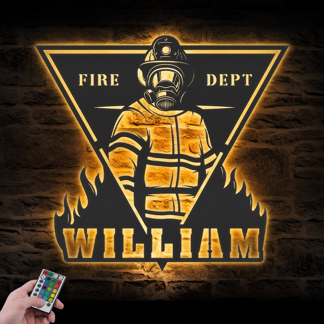 Custom Firefighter Metal Wall Art LED Light Personalized Fireman Name ...